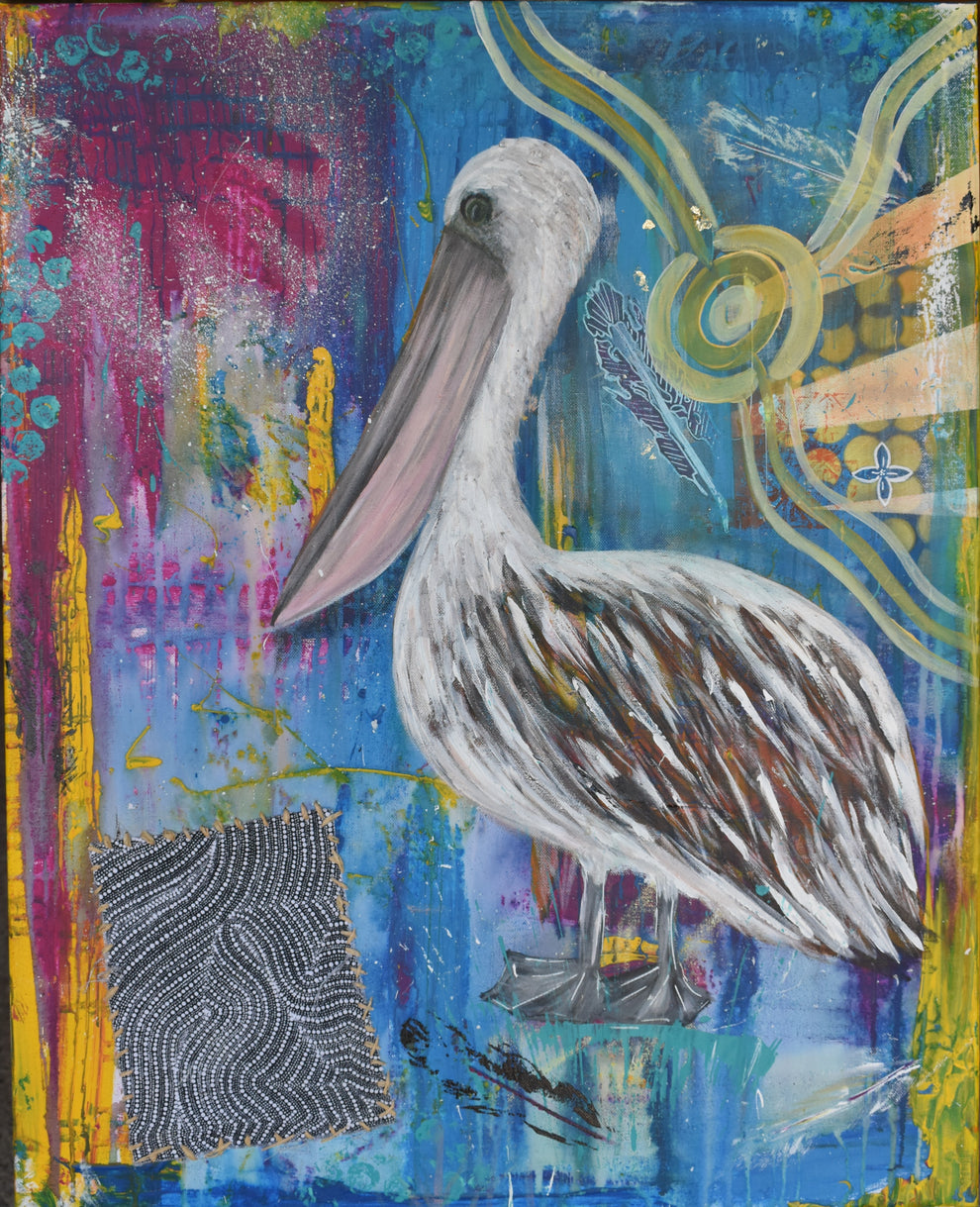 Pelican abstract & Indigenous colab painting on canvas – C K Collectives